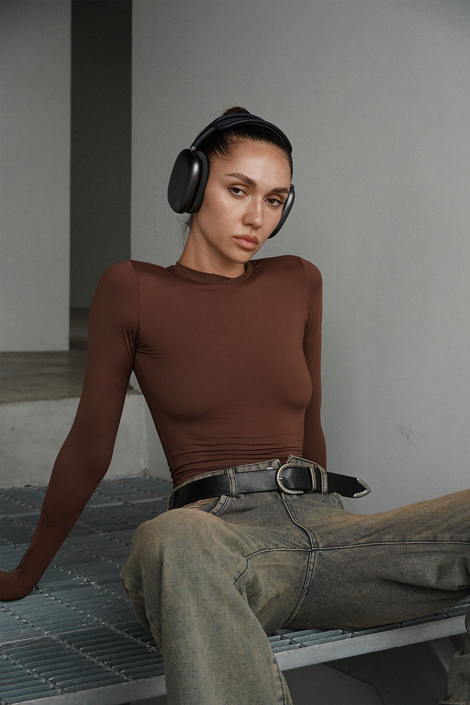 Brown Full Sleeves Polyamide Top
