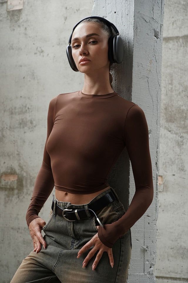 Buy Brown Full Sleeves Polyamide Top | BonkersCorner